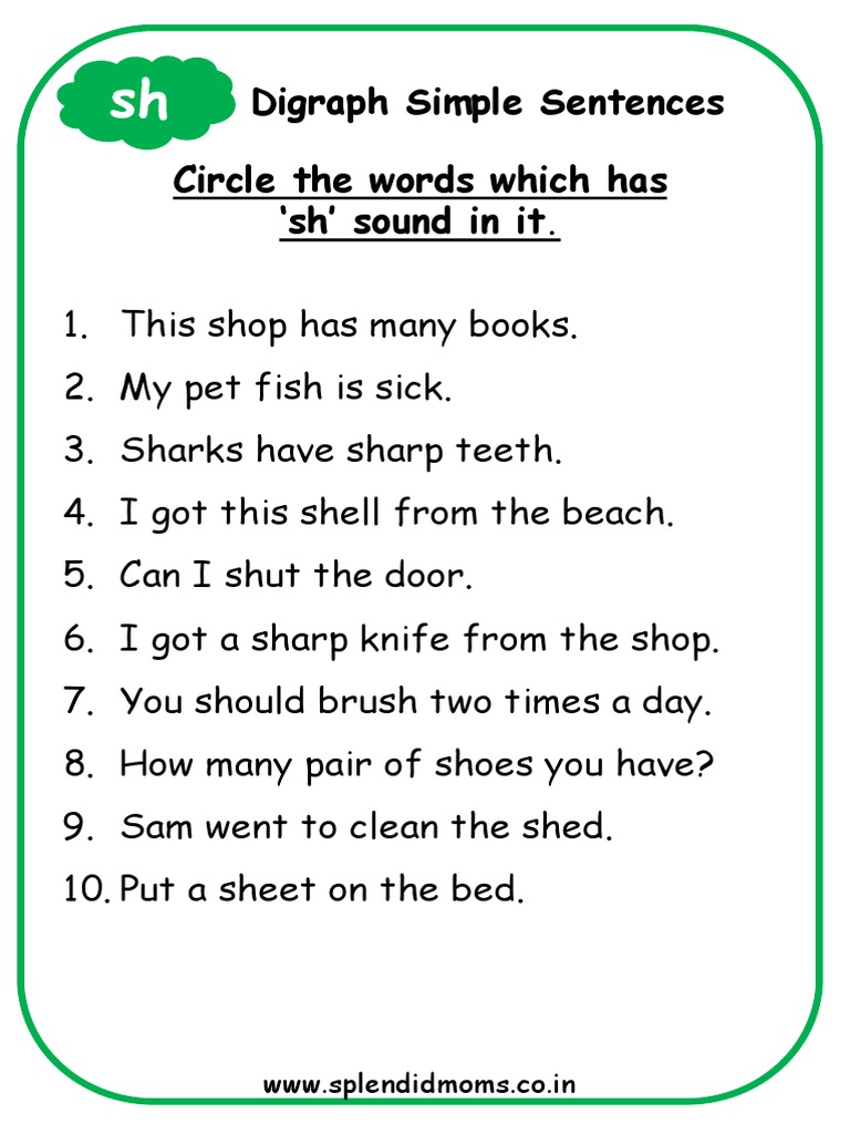 SH Digraph Simple Sentences Worksheet | PDF | Cooking, Food & Wine ...