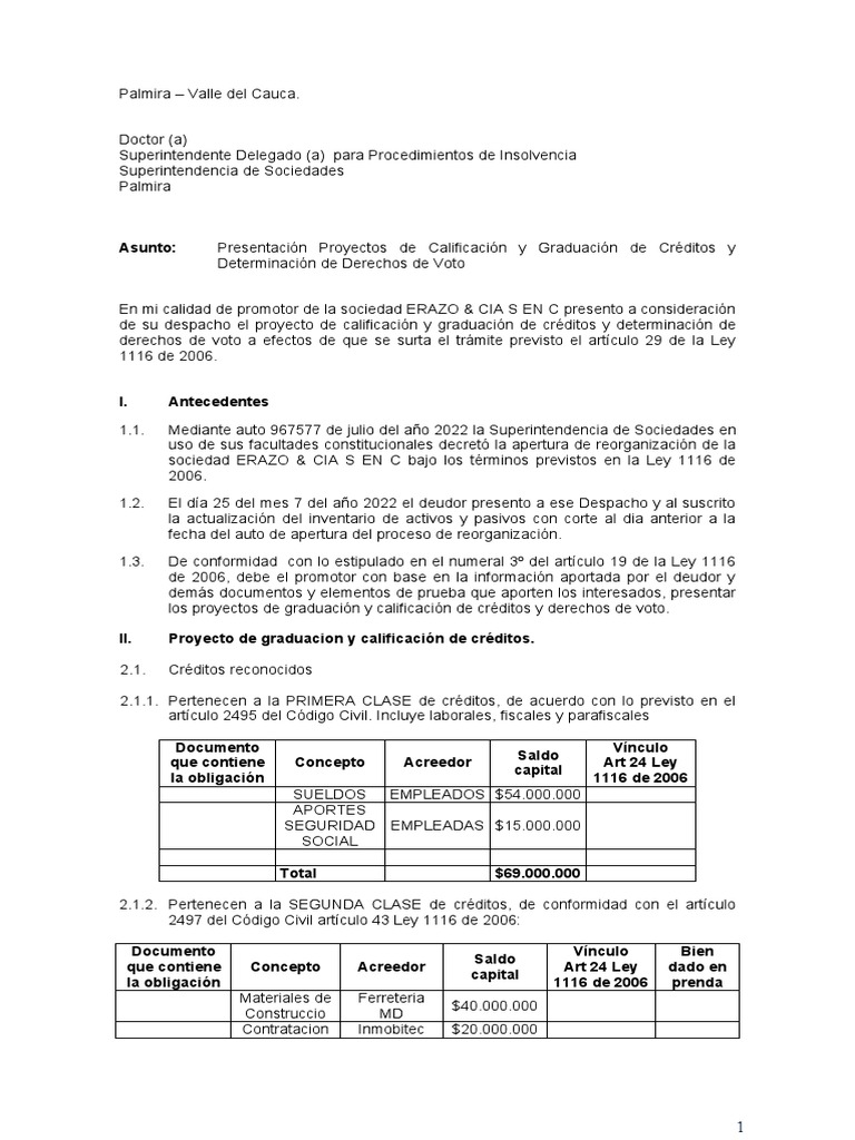 Proyecto de Calificacion y Graduacion de Acreencias | PDF