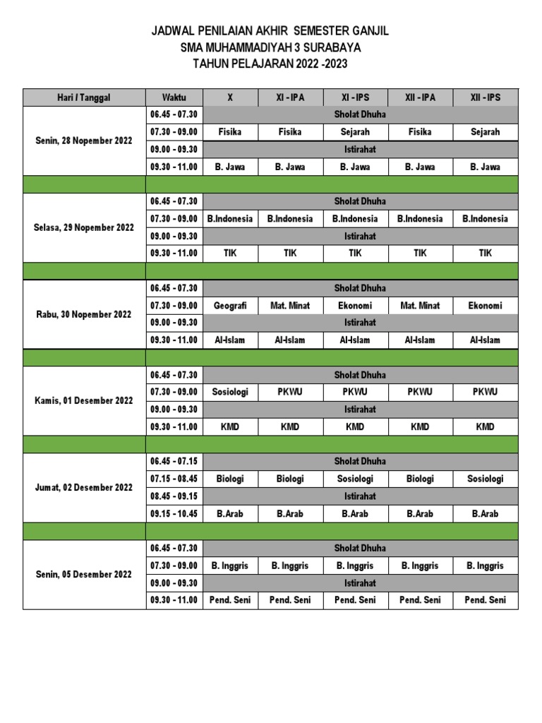 Jadwal Penilaian Akhir Semester Ganjil 2022 - 2023 | PDF