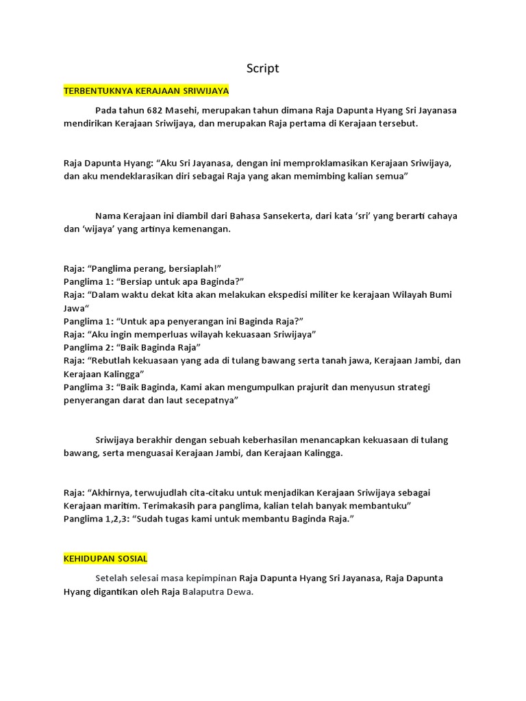 Script SI-Kerajaan Sriwijaya Script FInal | PDF
