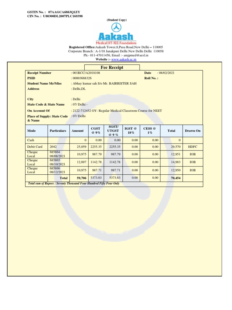 Aakash 00003668326 - 18108 - 2122 - Payment - Receipt | PDF