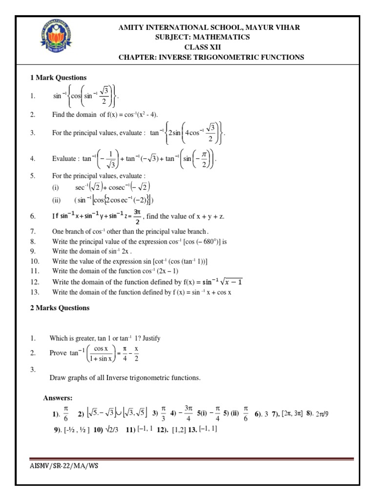 Worksheet Inverse Trigonometric Functions | PDF | Trigonometric Functions | Function (Mathematics)