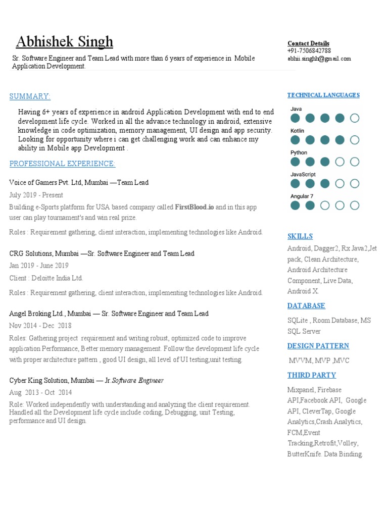 Resume Of Abhishek Singh Detailing 6 Years Of Experience In Android Application Development