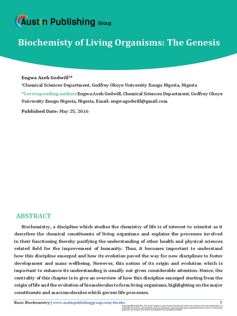 Austin Publishers Biochemistry in Living Organisms | PDF
