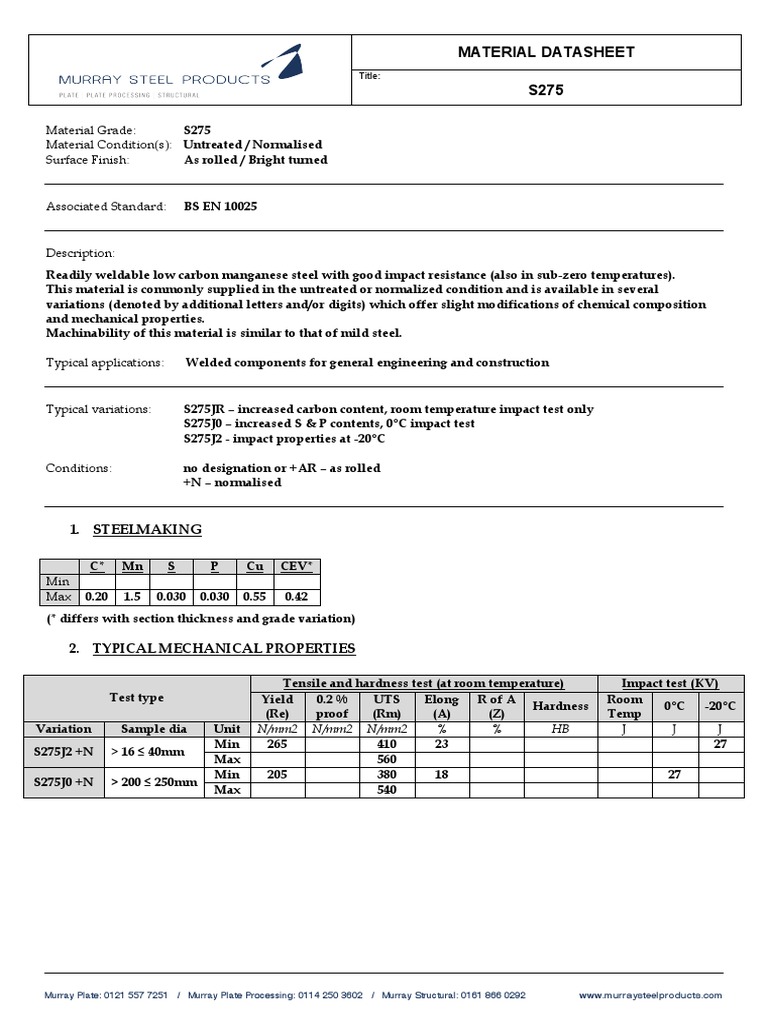 S275 Steel Datasheet | PDF | Steel | Metals