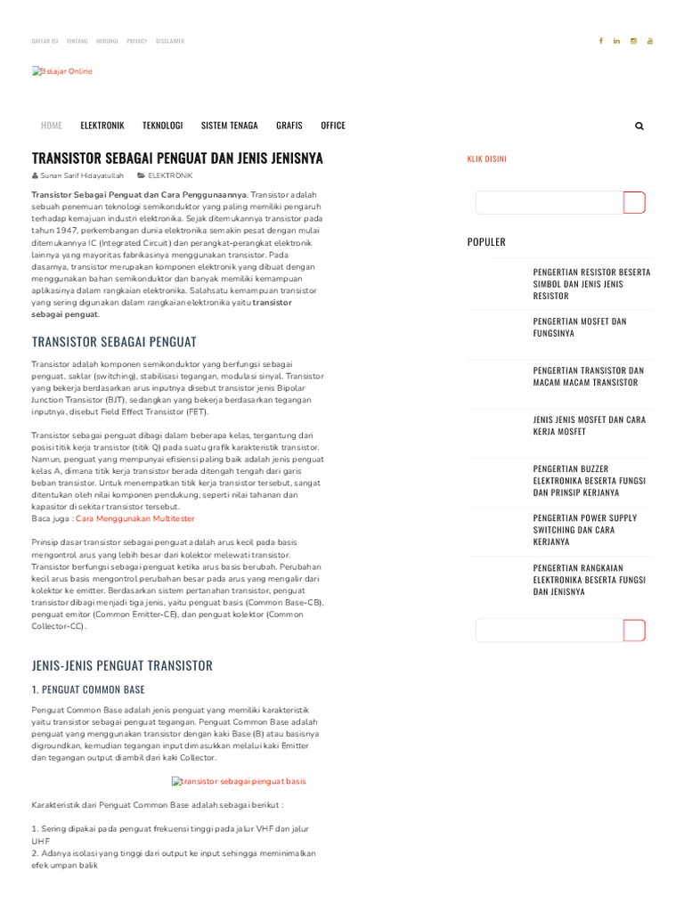 Transistor Sebagai Penguat Dan Jenis Jenisnya - Belajar Online | PDF