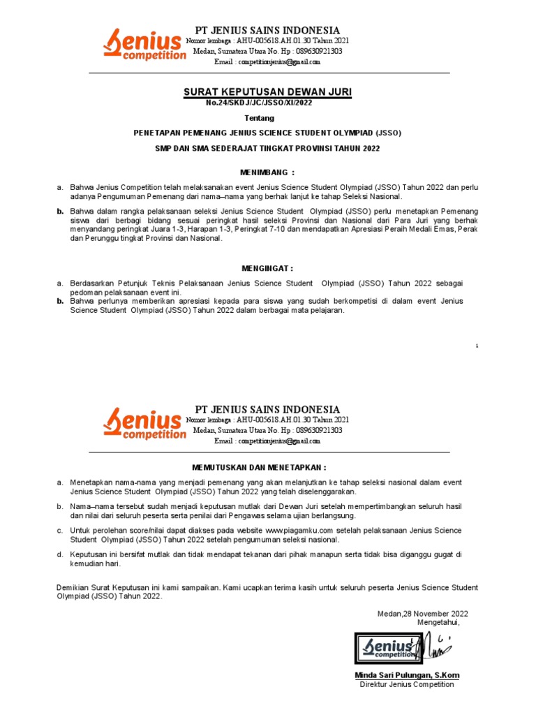 Pengumuman Tingkat Provinsi Jenius Science Student Olympiad (Jsso) SMP ...