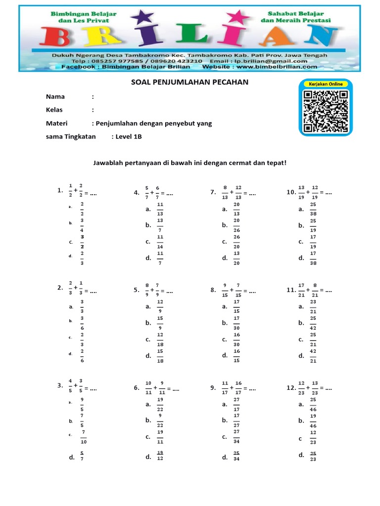 Soal Penjumlahan Pecahan Level 1 B | PDF
