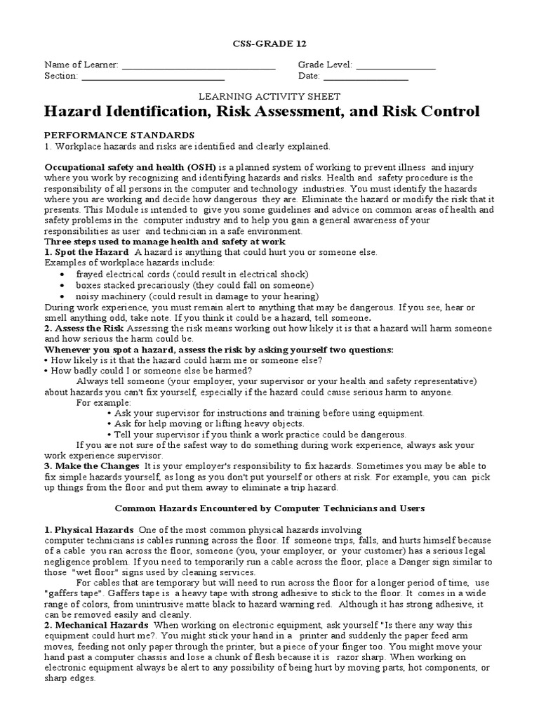 Las Grade 12 CSS 2 | PDF | Occupational Safety And Health | Risk