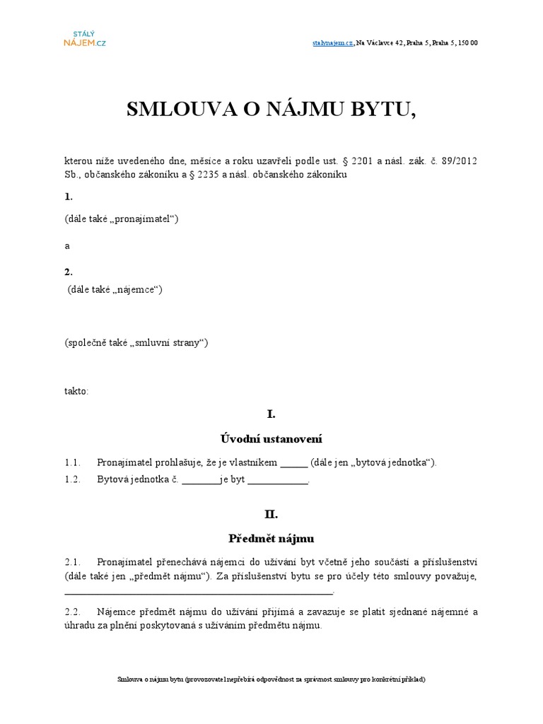 Najemni Smlouva Stalynajem | PDF
