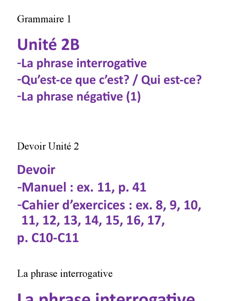 Grammaire 1 - UNITE 2B (18 Oct. 2022) | PDF | Question | Phrase