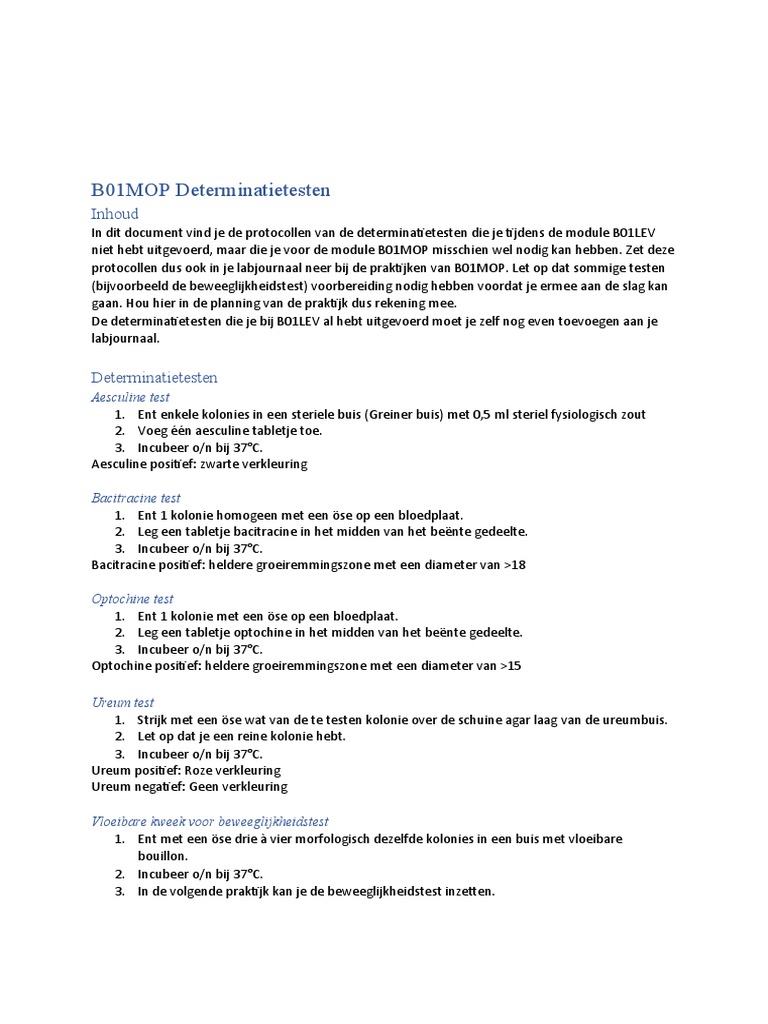B01MOP Determinatietesten Protocollen | PDF