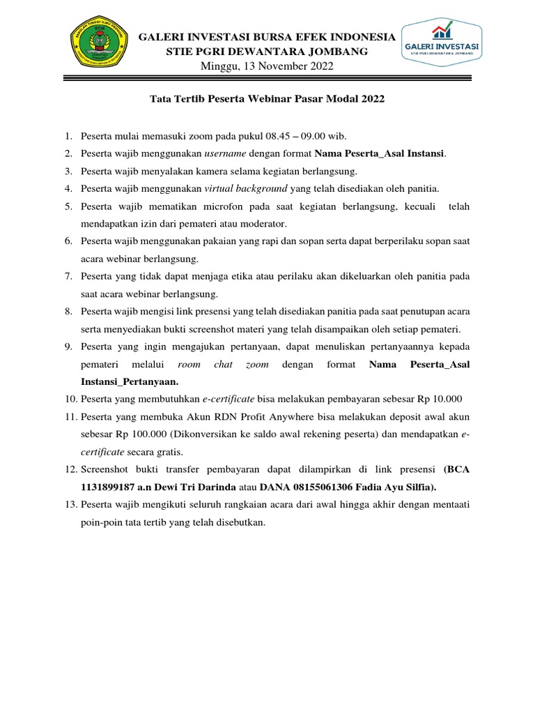 Tata Tertib Dan Susunan Acara Webinar Pasar Modal 2022 | PDF