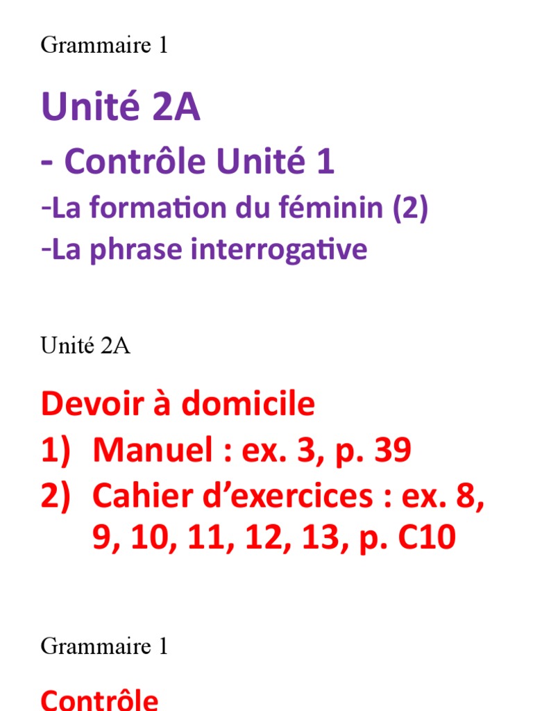 Grammaire 1 - UNITE 2A (11 Oct. 2022) | PDF | Question | Linguistique