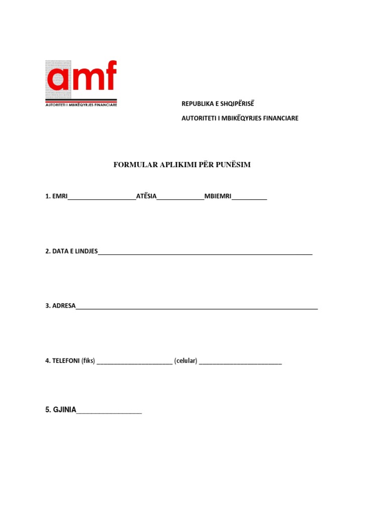Formular Aplikimi Për Punësim: Republika E Shqipërisë Autoriteti I Mbikëqyrjes Financiare | PDF