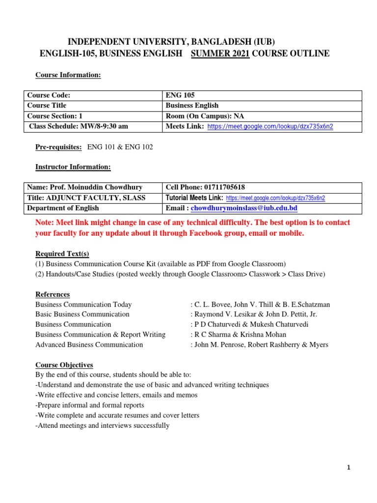 Business English Summer 2021 Course Outline: An Overview of Course ...