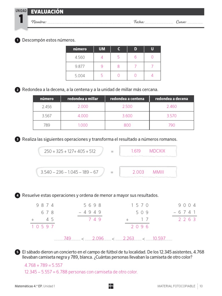 Matemáticas 4º Primaria Mas Examen Unidad 1 | PDF