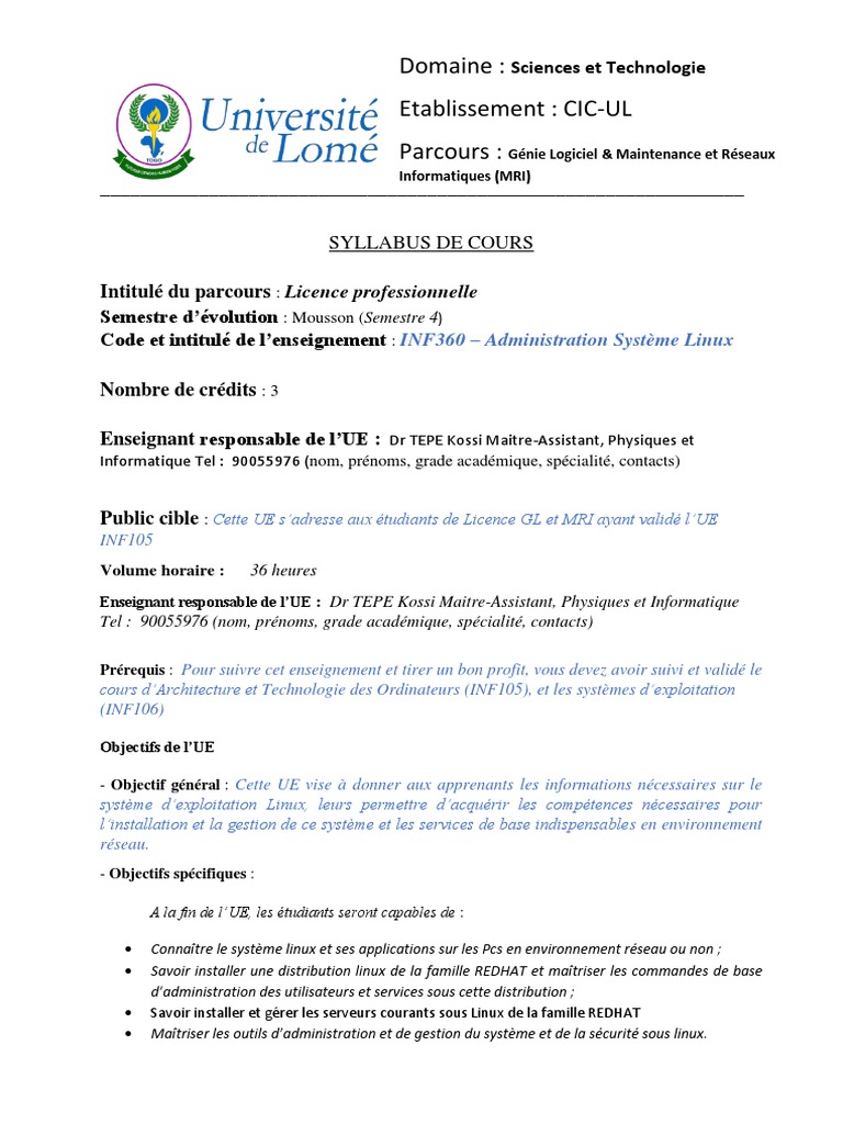 SYLLABUS DE COURS - Administration Système Linux | PDF | Programme | Linux