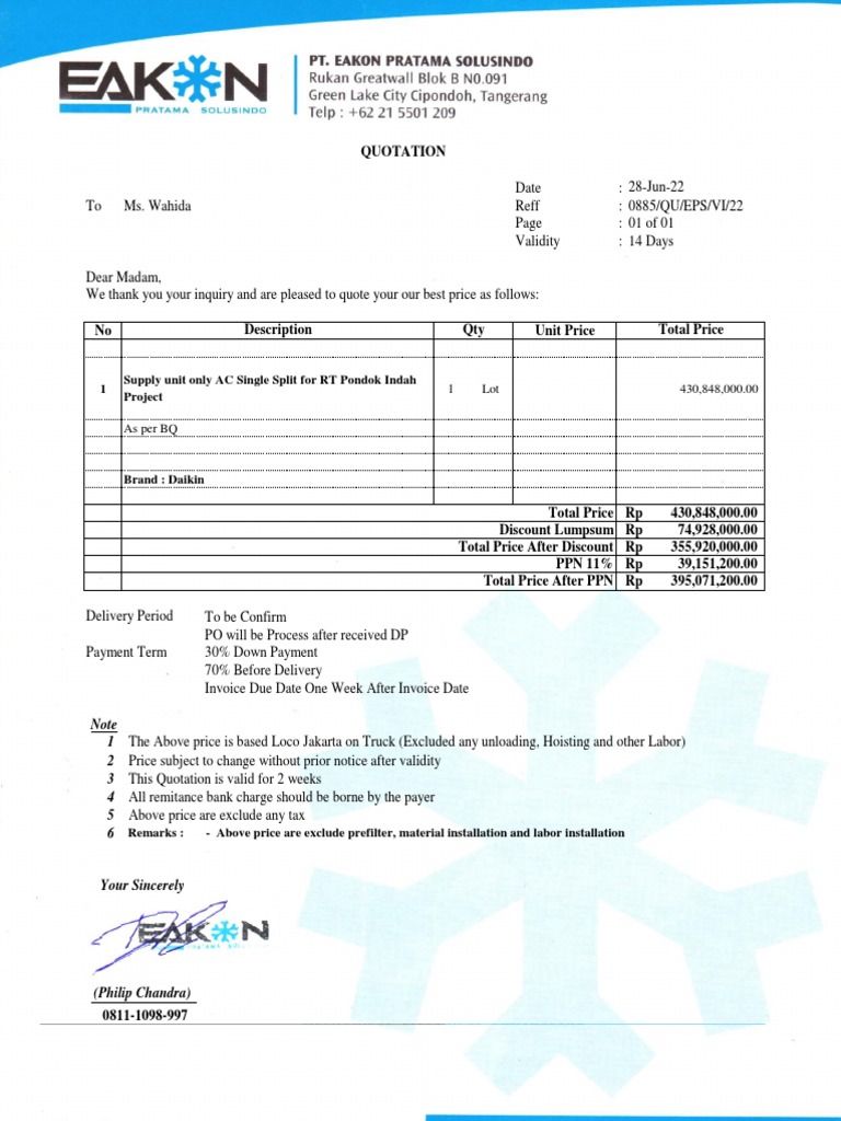 Daikin AC Quotation for Jakarta Project | PDF | Business | Market (Economics)