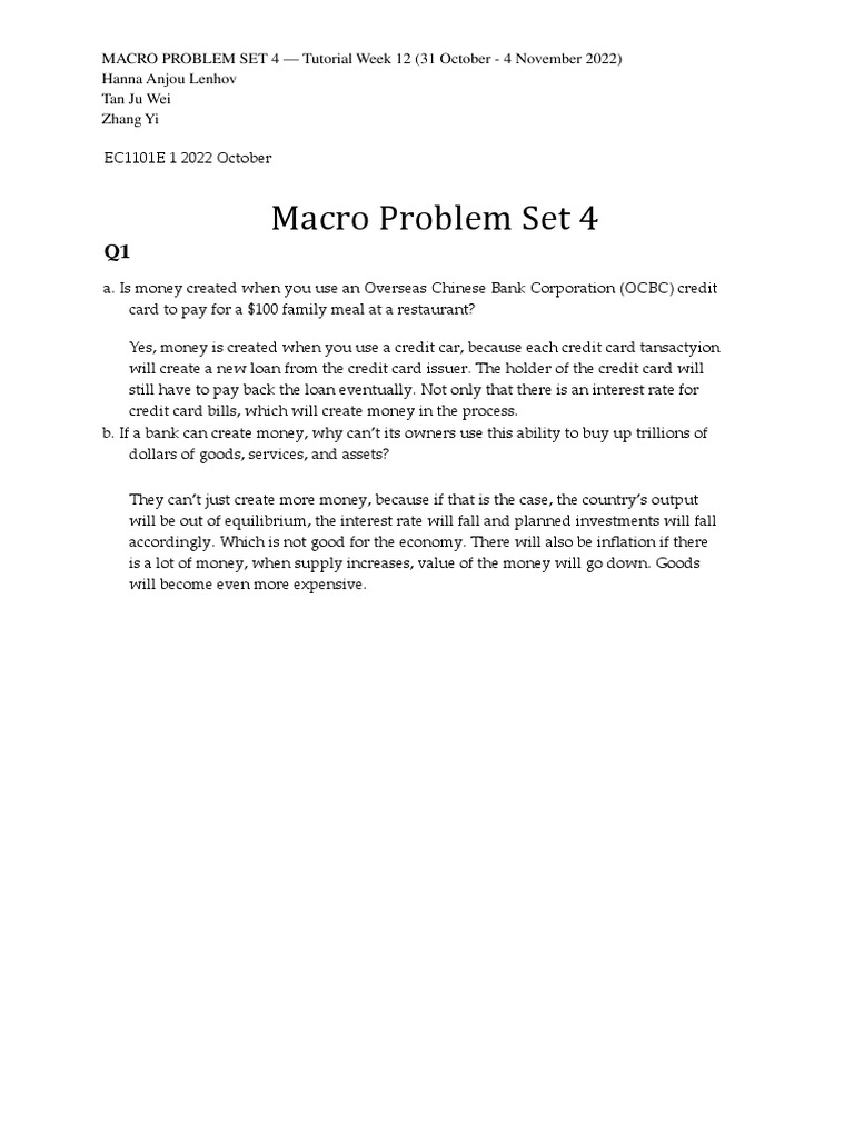 Macro PSet4 Anjou-Lenhov Tan Zhang | PDF | Banks | Debits And Credits