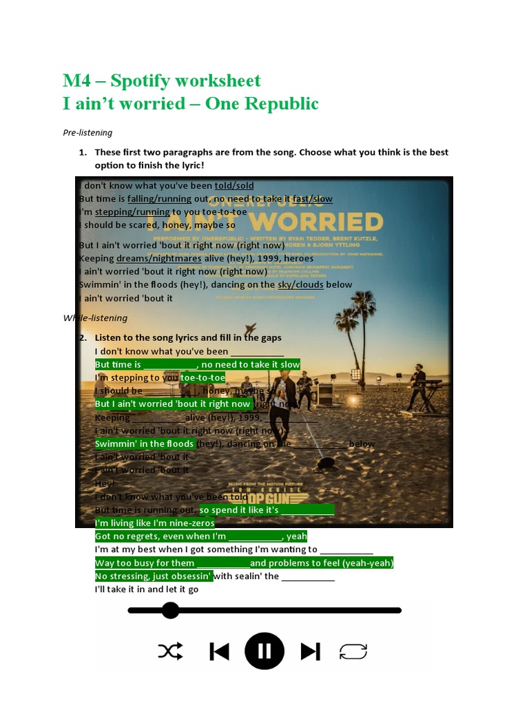 I Ain't Worried - One Republic Worksheet | PDF | Albums | Recorded Music