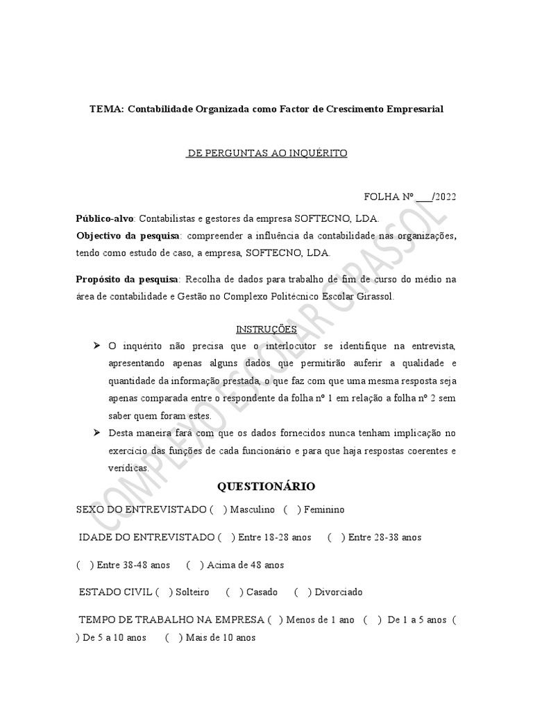 Questionário Complexo Escolar Girassol | PDF | Contabilidade | Entrevista