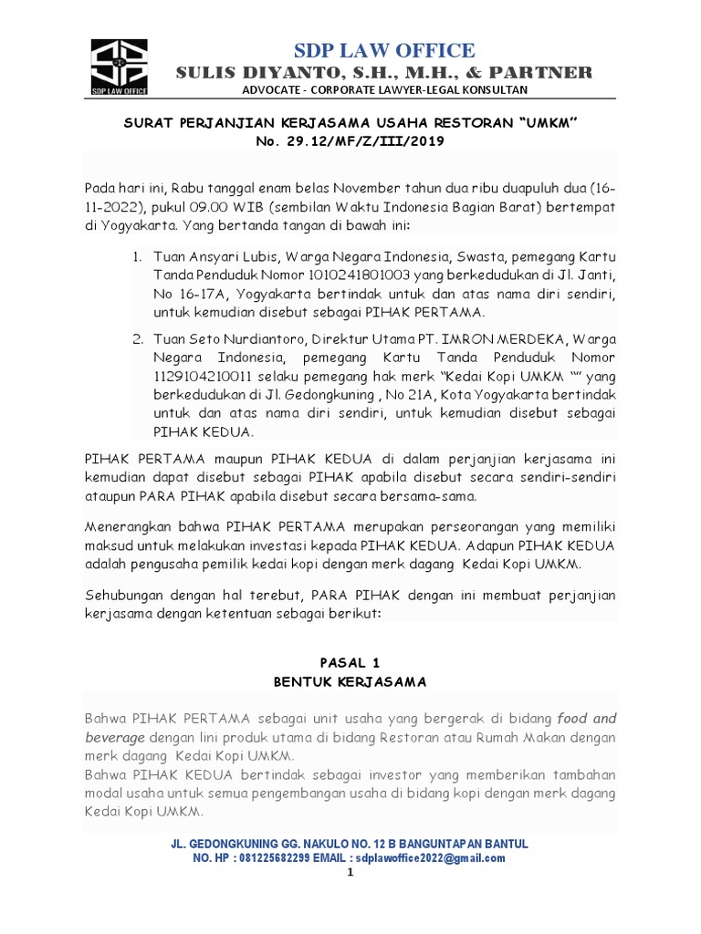 SURAT PERJANJIAN KERJASAMA USAHA (Bagi Hasil) | PDF