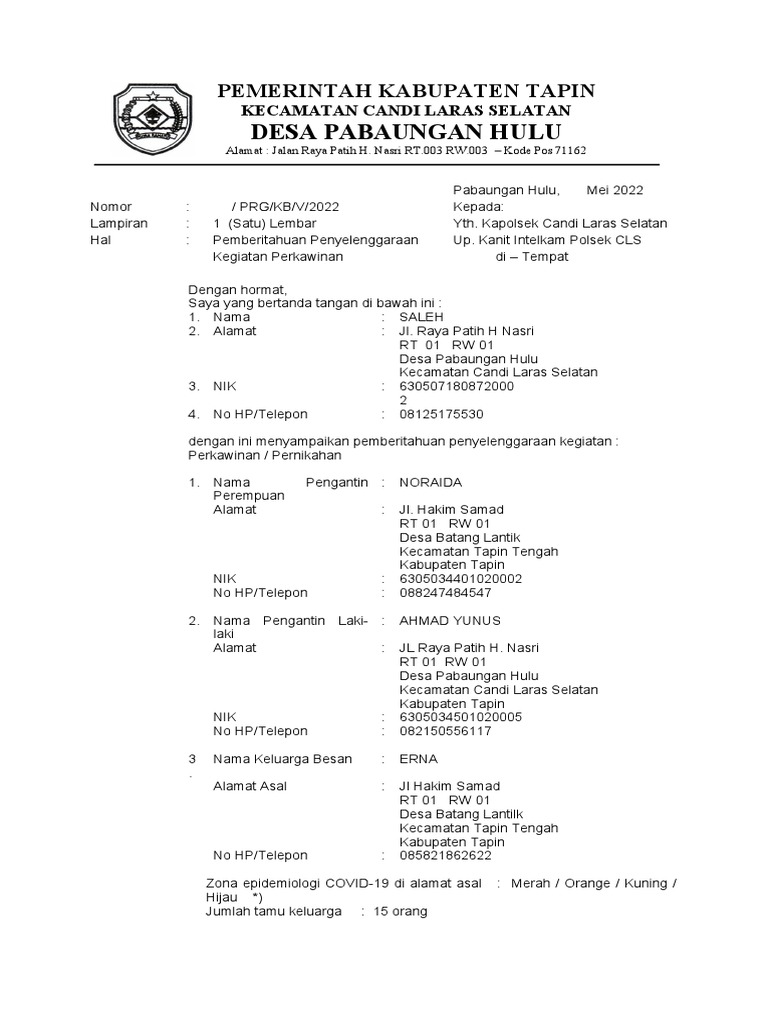 Surat Pemberitahuan Penyelenggaraan Kegiatan Hajatan Desa | PDF