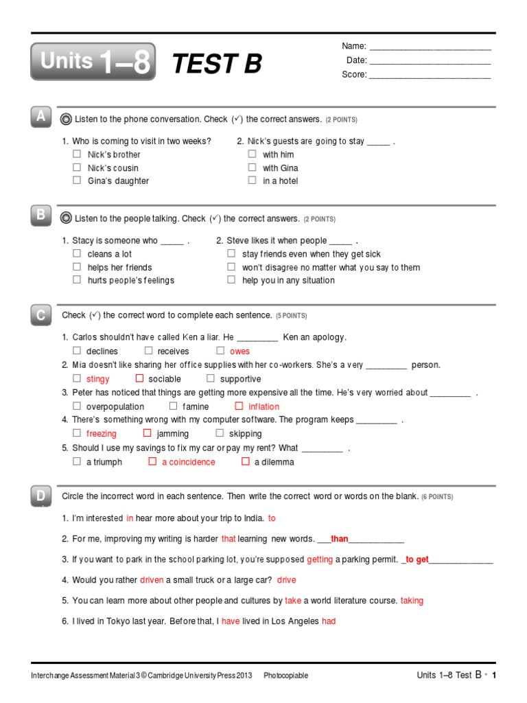 INTERCHANGE 3 Unit 1 8 Test | PDF