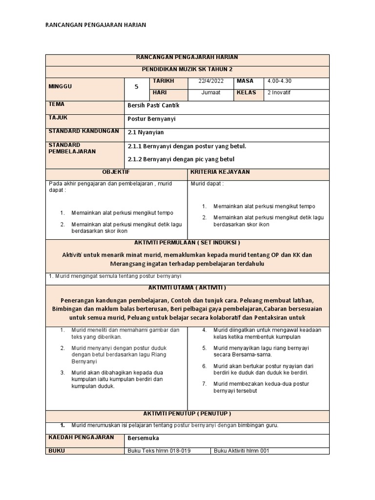 RPH Minggu 5 Muzik THN 2 by Cikgu Gorgeous | PDF