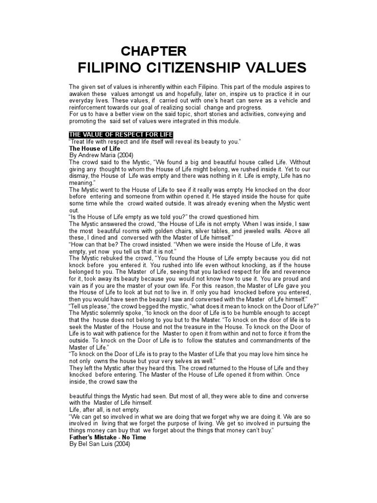 Filipino Citizenship Values Explained in Short Stories | PDF | Truth