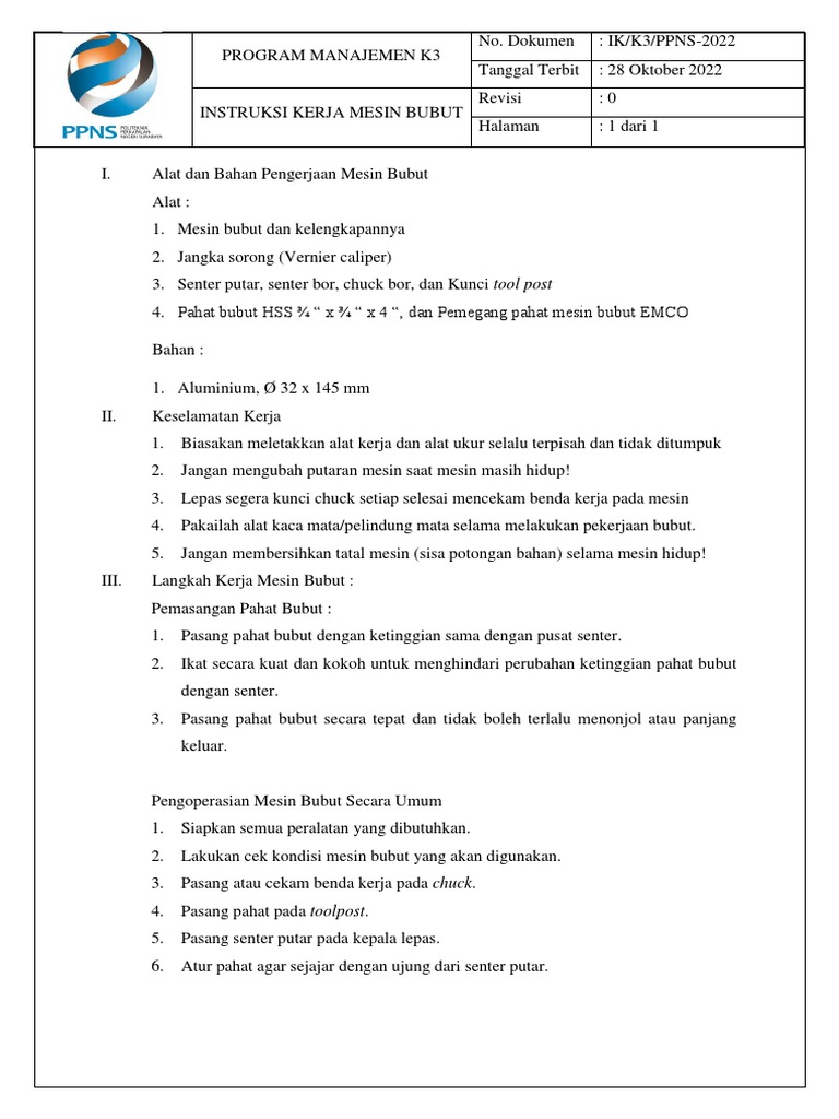 Instruksi Kerja Mesin Bubut - Ahmad Fatihul Azzam - 0521040100 | PDF