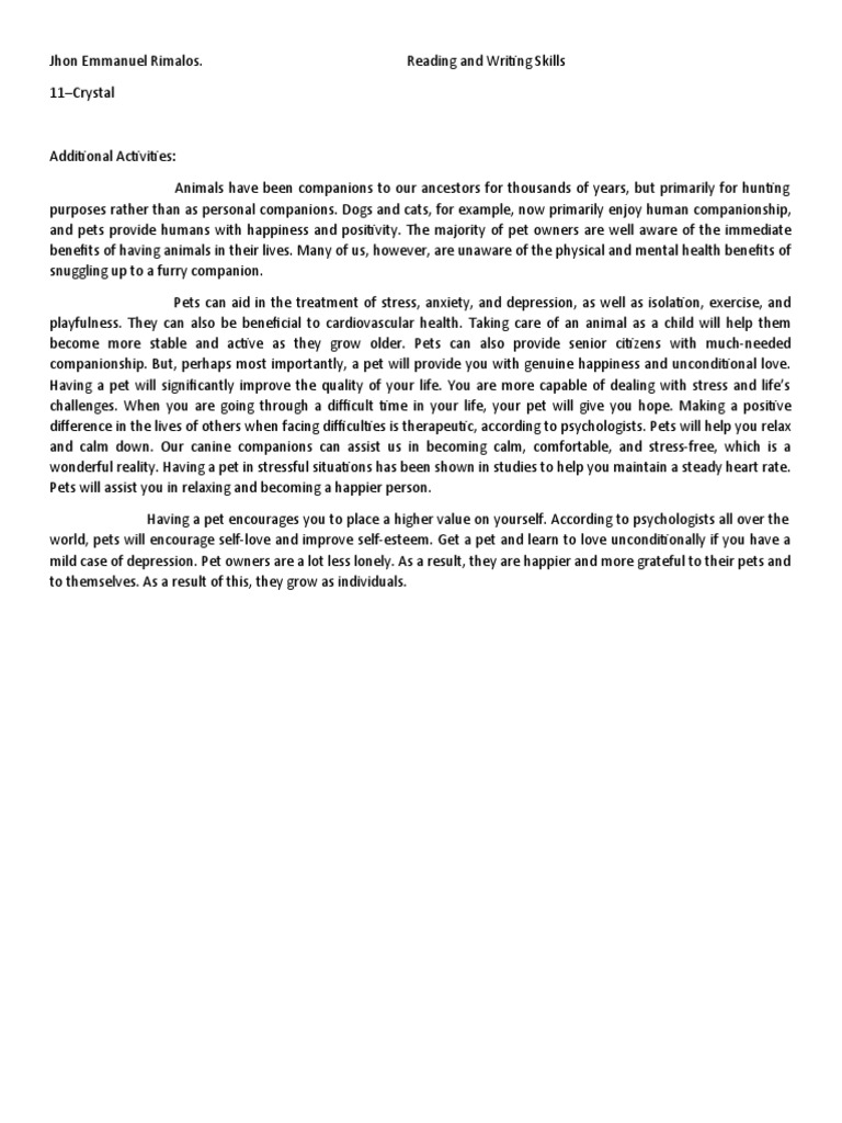 Reading and Writing Skills. Lesson 3. Additional Activity | PDF