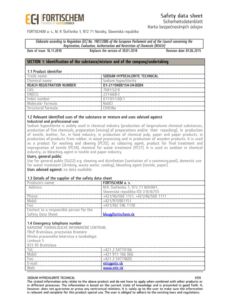 NaOCl - MSDS Slovenija | PDF | Home & Garden | Science & Mathematics