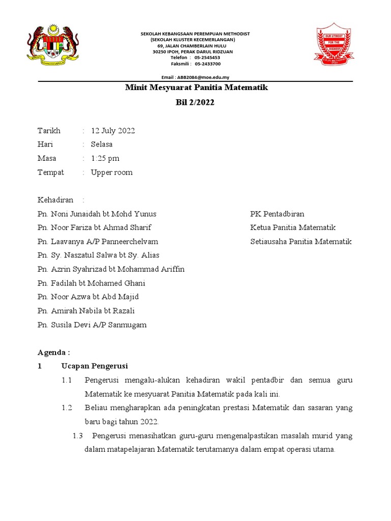 Minit Mesyuarat Matematik Bil 2 2022 | PDF