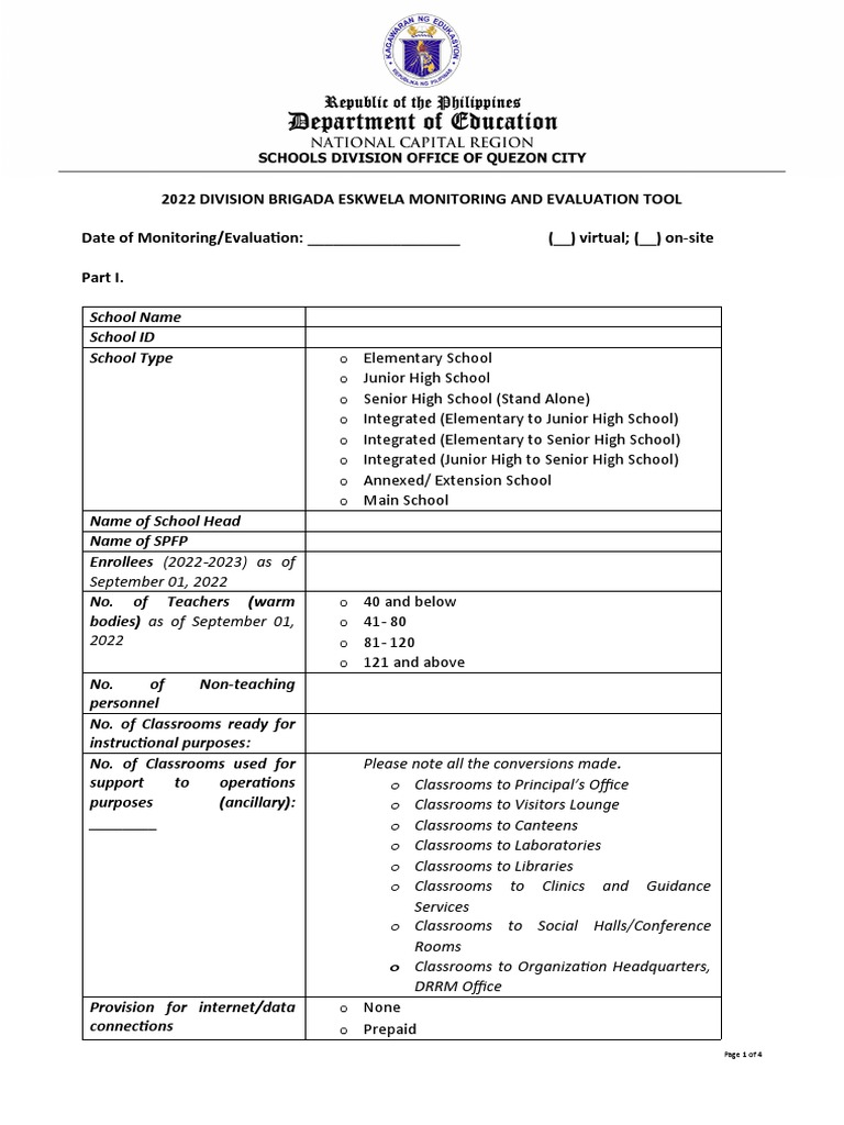 BE Monitoring and Evaluation Tool 2022 | PDF | Disinfectant | Classroom