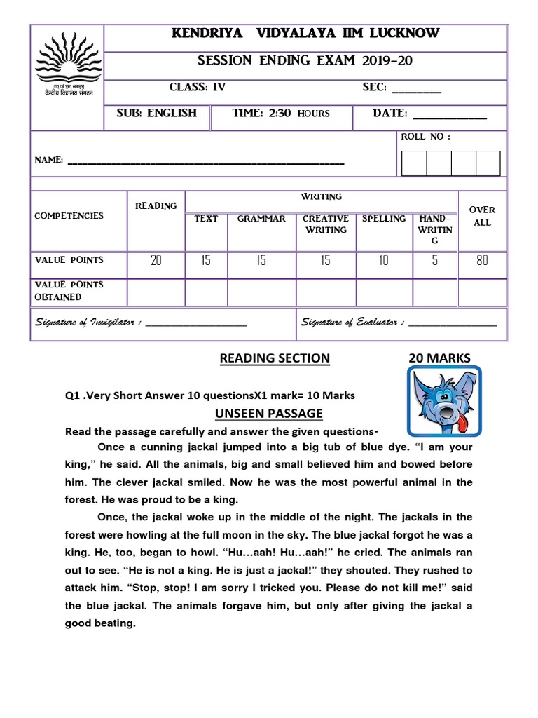 Class-4 English Se Exam 19-20 | PDF