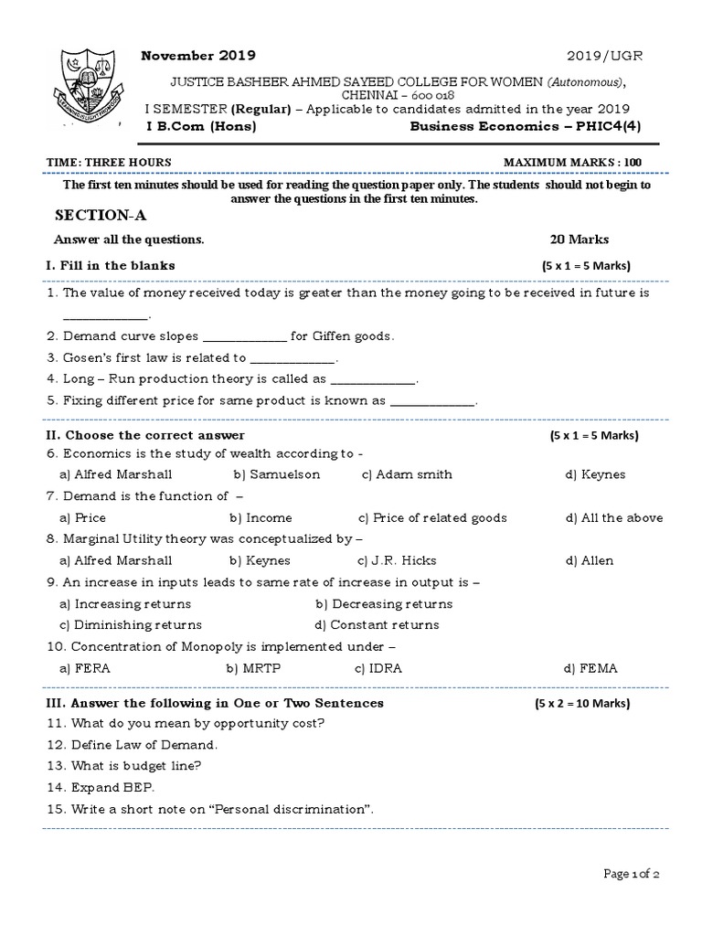 Business Economics I Semester Exam: Questions on Opportunity Cost, Laws ...