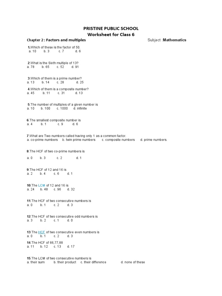 Pristine Public School Worksheet For Class 6: Factors and Multiples ...
