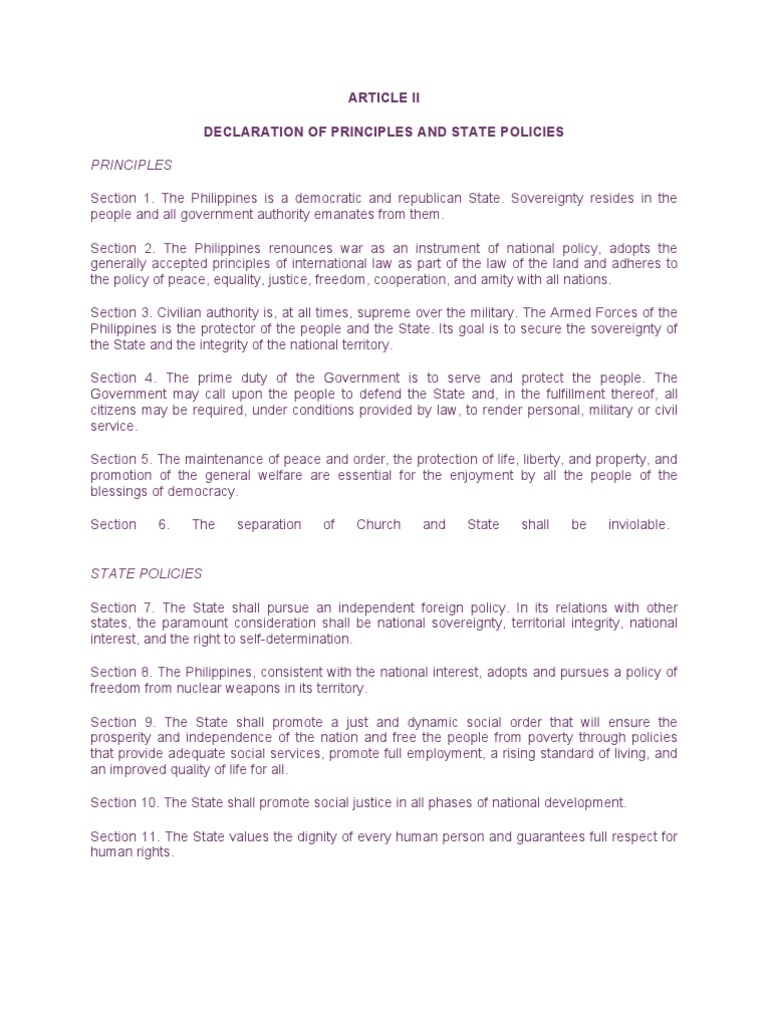 Principles: Article Ii Declaration of Principles and State Policies ...
