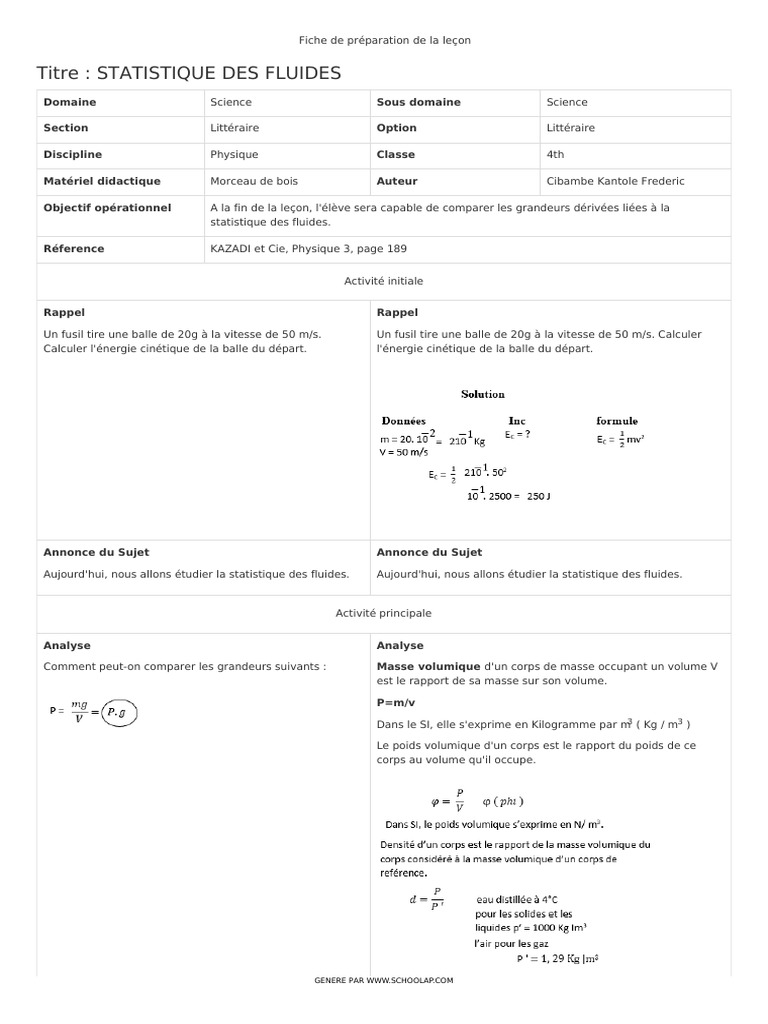 Fiche - Statistique Des Fluides | PDF | Masse | Mécanique
