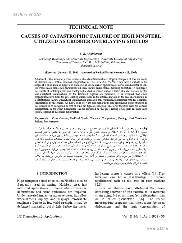 Causes of Catastrophic Failure of High MN Steel Utilized As Crusher ...