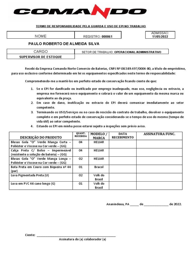 Termo de responsabilidade pela guarda e uso de EPI no trabalho ...