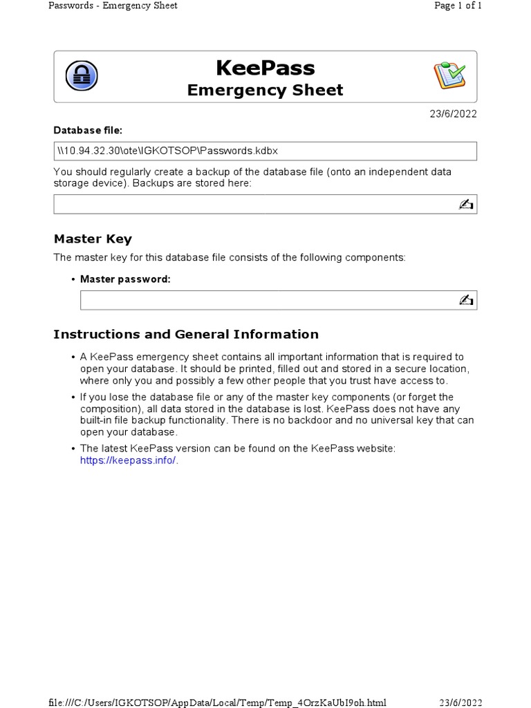 Keepass: Emergency Sheet | PDF