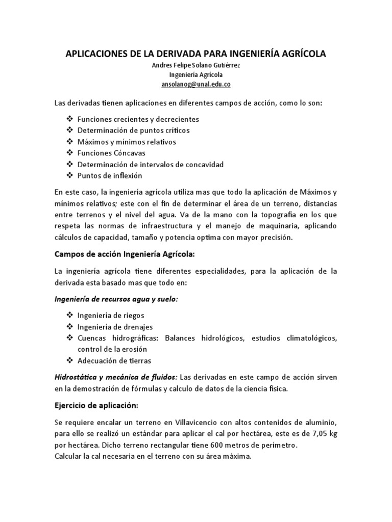 Aplicaciones de La Derivada para Ingeniería Agrícola | PDF | Ingeniería ...