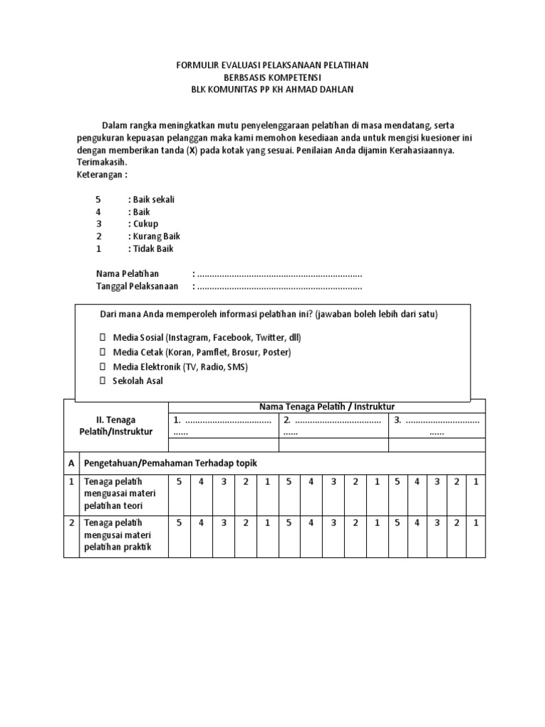 Formulir Evaluasi Pelaksanaan Pelatihan | PDF