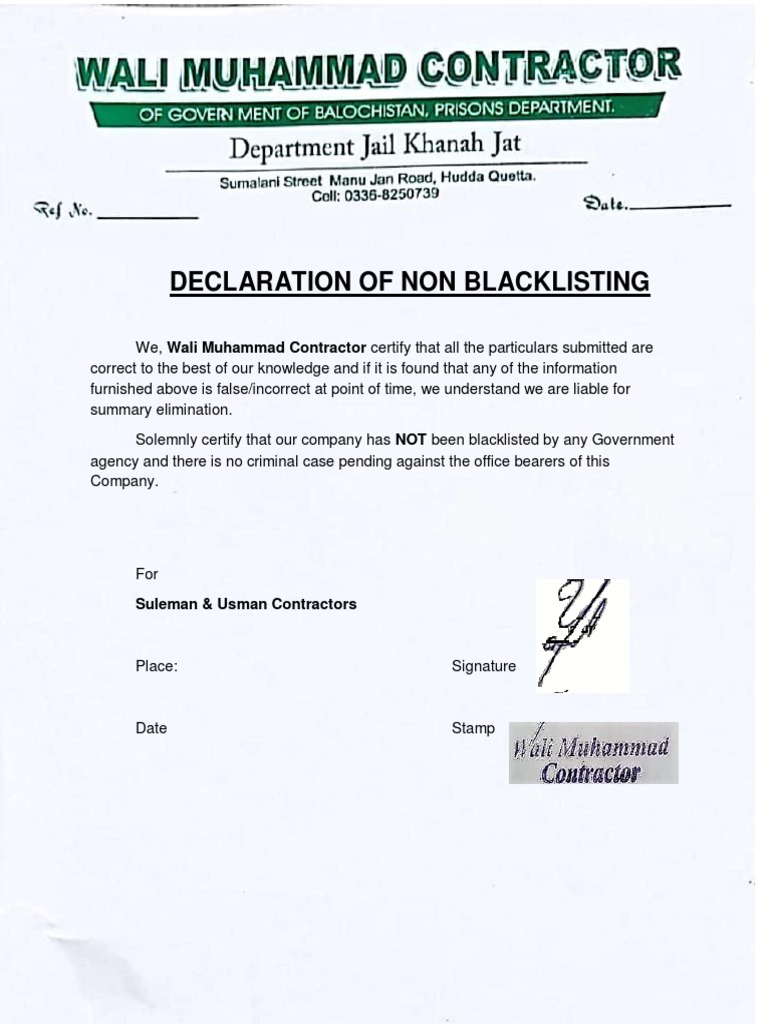 Non Blacklisting Declaration Form | PDF | Social Science