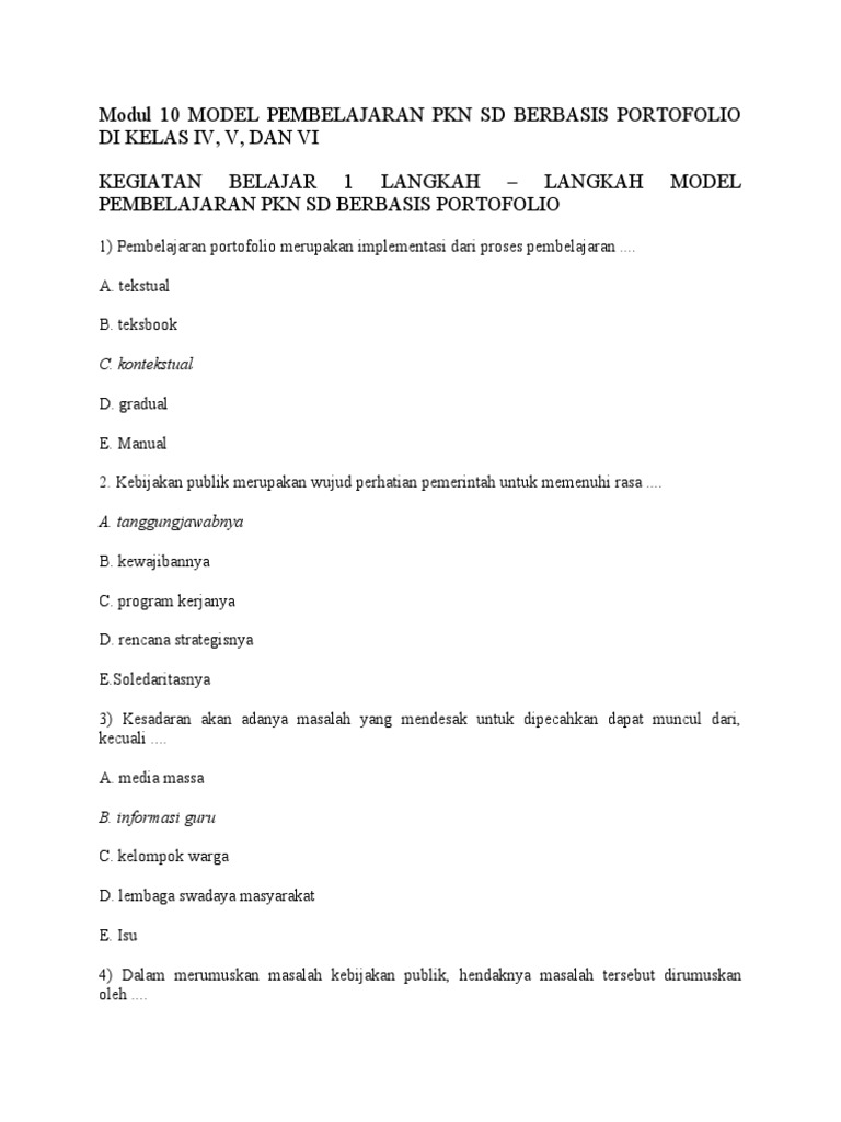 SOAL Modul 10 MODEL PEMBELAJARAN PKN SD BERBASIS PORTOFOLIO DI KELAS IV | PDF | Social Science