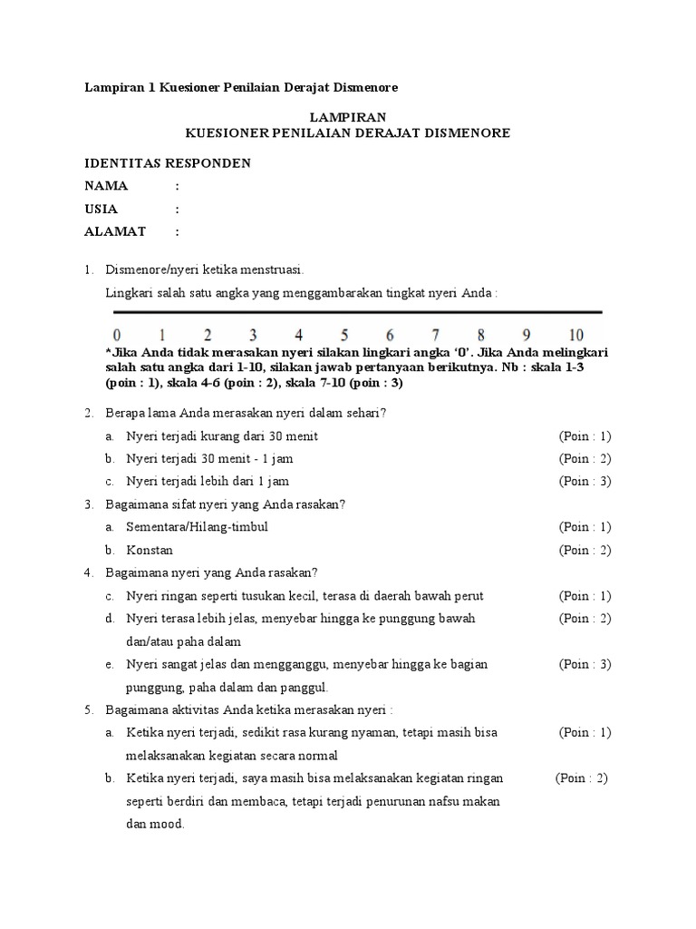 Lampiran 1 Kuesioner Penilaian Derajat Dismenore | PDF