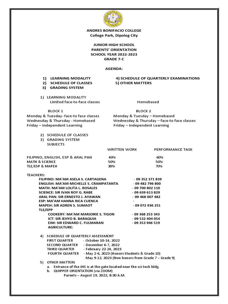Grade 7 C Parents Orientation 1 | PDF